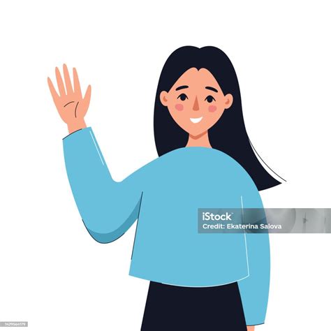 환영하는 여자 소녀는 인사하고 손으로 흔들고 있습니다 벡터 플랫 일러스트 레이 션 한 명의 여자만에 대한 스톡 벡터 아트 및