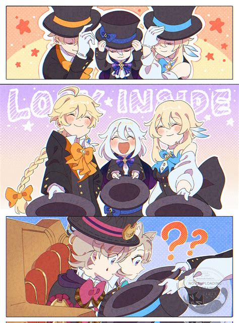 Lumine Aether Paimon Lynette And Lyney Genshin Impact Drawn By