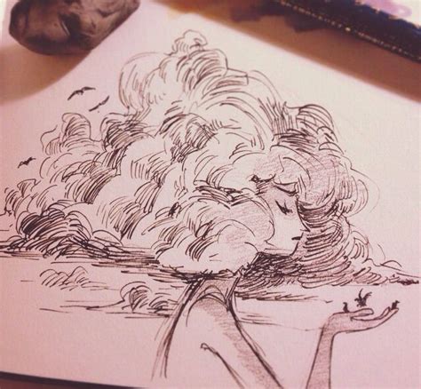 A Drawing Of A Woman S Head With Trees In The Background And Birds Flying Around