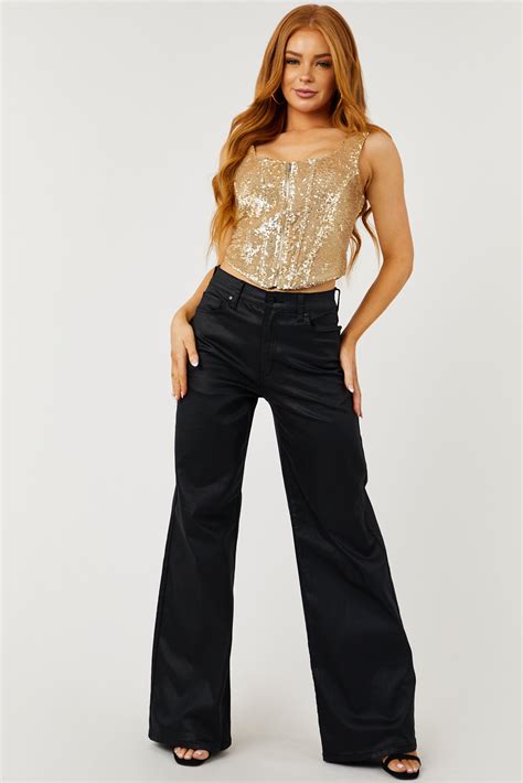 Gold Sequin Zipper Corset Cropped Tank Top Lime Lush Boutique