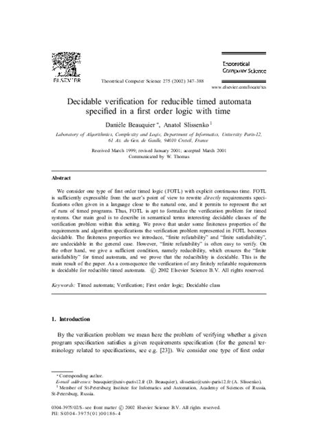 Pdf Decidable Verification For Reducible Timed Automata Specified In A First Order Logic With
