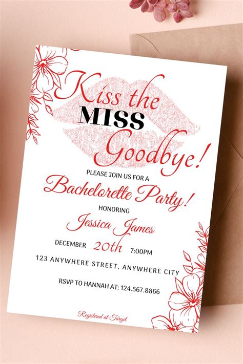 Kiss The Miss Goodbye Bachelorette Party Invitation Bachelorette