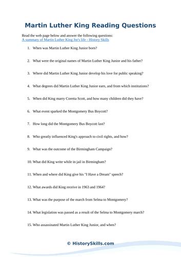 Martin Luther King Jr Reading Questions Worksheet Teaching Resources