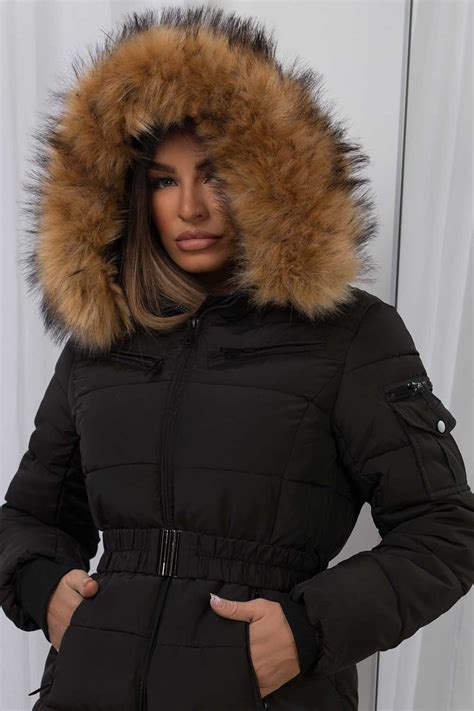 Womens Faux Fur Hood Puffer Jacket With Belt Black Uk