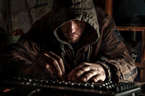 A Man Wearing A Hooded Jacket Typing Quickly On A Keyboard A Hacker Wearing A Hood And Typing