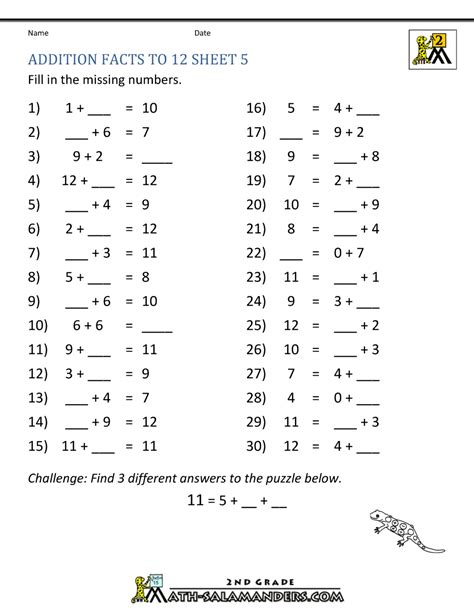 Addition Facts Table Printable