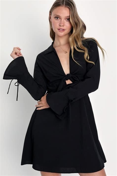 Black Tie Front Dress Long Sleeve Dress Collared Dress Lulus