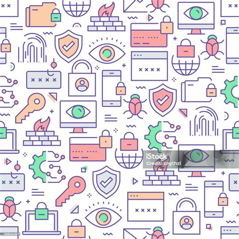 트렌디 한 선형 스타일의 사이버 보안을위한 디자인 템플릿 및 요소의 벡터 세트 사이버 보안과 관련된 선형 아이콘이있는 원활한 패턴 벡터 개인정보보호 규정에 대한 스톡 벡터