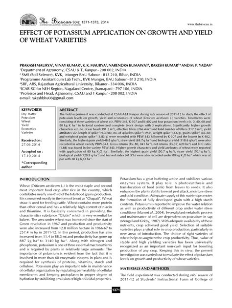 Pdf N Save Nature To Survive Effect Of Potassium Application On Growth And Yield Of Wheat