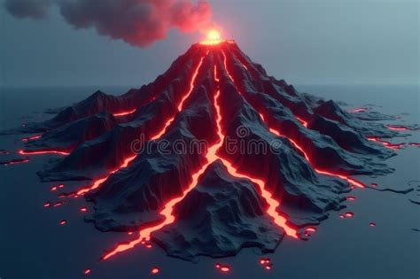 Erupting Volcano Island Low Poly 3d Render Stock Illustration