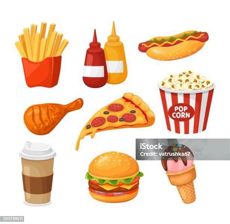 패스트 푸드 만화 감자 튀김 케첩과 핫도그 닭고기와 피자 커피와 햄버거 팝콘과 아이스크림 테이크 아웃 정크 푸드 벡터 세트