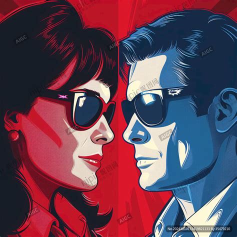 Ai创作图手绘墨镜男 影剧插画 情侣酒店装饰画 复古情侣插画 手绘男女情侣 玻璃情侣 双人头像 情侣卡通合影 情侣数码印花t恤图案 卡通情侣