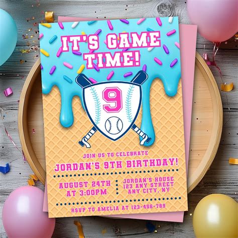 Baseball Drip Birthday Party Invitation Editable Canva Template