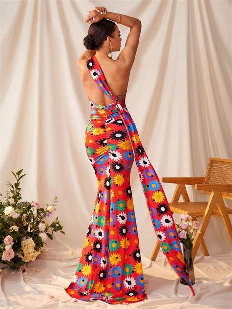 Floral Elegance One Shoulder Slim Fit Sleeveless Dress In 2024