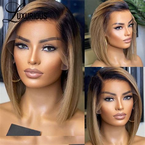B Marrom Colorido Curto Bob Pixie Corte Perucas Para Cabelo Humano Feminino X Mel Loira