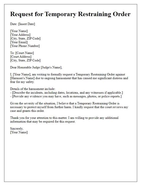 Letter Template For Temporary Restraining Order Request Free Samples