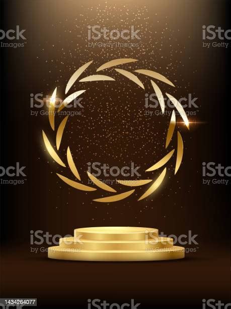 원 모양의 나뭇잎의 황금 화환 색종이 및 빛이 3d 승자 연단에 떨어지는 트로피에 대한 스톡 벡터 아트 및 기타 이미지 트로피 유명 인사 3차원 형태 Istock
