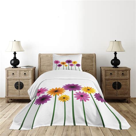 Ambesonne Gerber Daisy Bedspread Set Simple Spring Flowers Multicolor