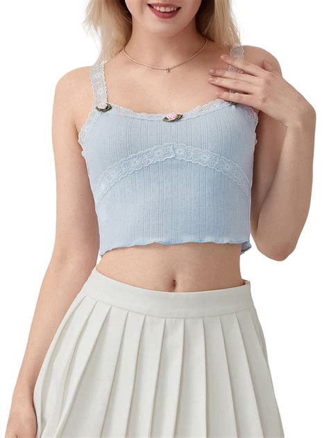 Shunvnny Womens Sweet Slim Cami Tops Mini 3d Rose Front Lace Shoulder
