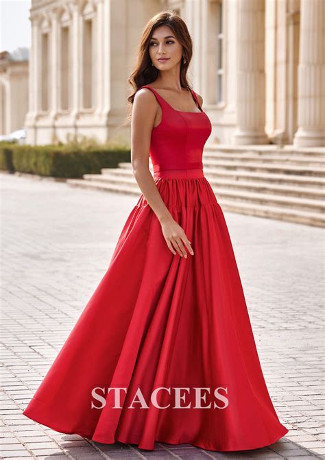A Line Satin Prom Dress Square Neckline Floor Length With Pleated