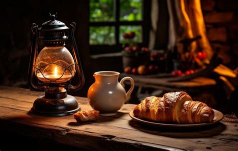 Uma lâmpada de querosene e uma mesa de madeira um café e um croissant para o pequeno almoço