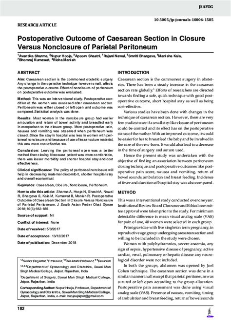 Pdf Postoperative Outcome Of Caesarean Section In Closure Versus Nonclosure Of Parietal Peritoneum