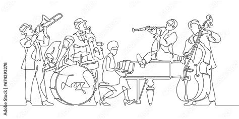 Continuous Line Drawing Of Music Jazz Band People With Classical Music