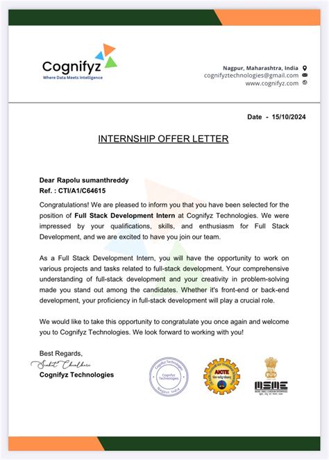 rapolu sumanth reddy on linkedin cognifyz offerletter fullstackdeveloper webdevelopment
