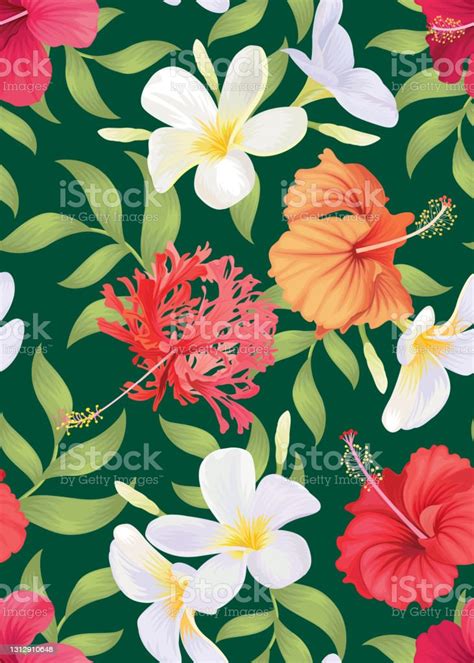 히비스커스 꽃과 플루메리아 배경 템플릿의 매끄러운 패턴 웨딩 초대장 인사말 카드 브로셔 배너 및 패션 디자인을위한 꽃 요소의 벡터 세트 0명에 대한 스톡 벡터 아트 및 기타