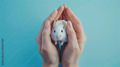 Female Hands Gently Hold A Laboratory Mouse Against A Serene Blue Background Advocating To Stop