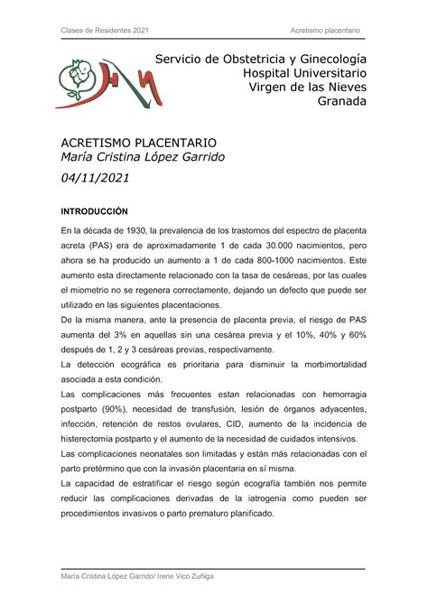 Clase 2021 Acretismo Placentario Servicio De Obstetricia Y