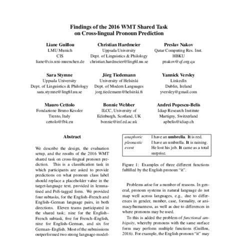 Findings Of The 2016 Wmt Shared Task On Cross Lingual Pronoun Prediction Acl Anthology