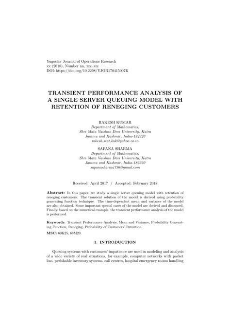 Pdf Transient Performance Analysis Of A Single Server Queuing Model