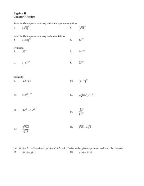 Chapter 7 Review Radical Notation Worksheet For 10th 12th Grade Lesson Planet