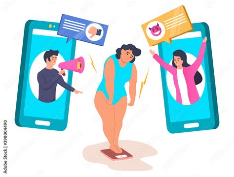 Fat Girl Experiencing Body Shaming On Social Media Flat Vector