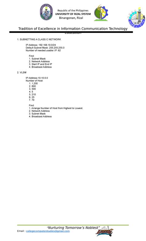 Subneting And Vlsm Problem Republic Of The Philippines University Of