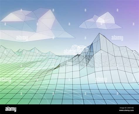 Minimalist Wireframe Landscape With Pastel Colors 3d Illustration