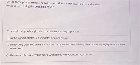 Solved Of the three phases controlling gastric secretion, | Chegg.com