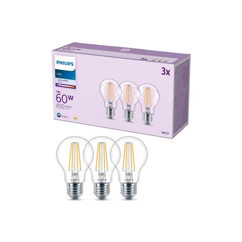 Philips Led Bulb E27 7w 850lm 4 000k Clear 3 Pack Lights Ie