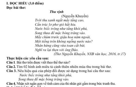 I ĐỌC HIỂU 3 0 điểm Đọc bài thơ Thu vịnh Nguyễn Khuyến Trời thu
