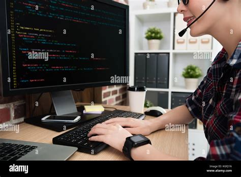 Friendly Smiling Female Operator Working On Programming Company And Using Online Service System