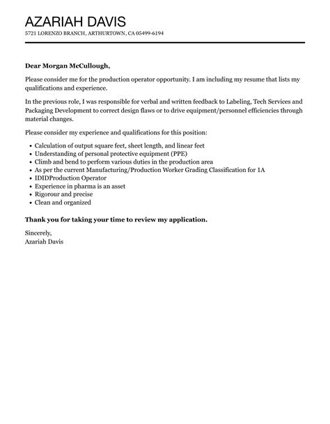 Production Operator Cover Letter Velvet Jobs