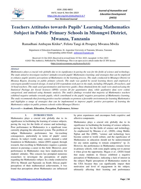 Teachers Attitudes Towards Pupils Learning Mathematics Subject In