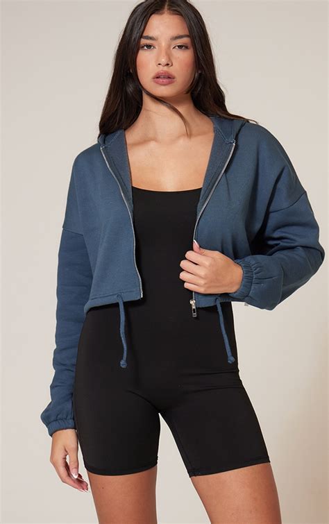 Ink Blue Toggle Waist Zip Up Cropped Hoodie Athleisure