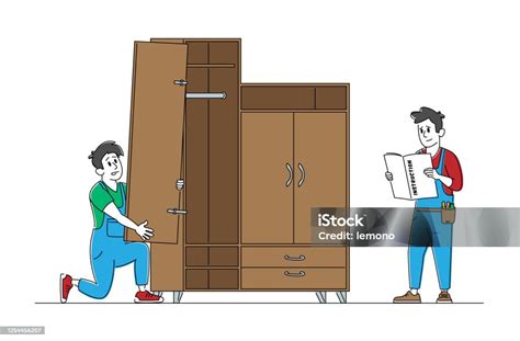 가구 메이커 직업 및 서비스 핸디맨은 조립 가구에 대한 지침을 읽고 도구를 조립 캐비닛 건설 작품 개념 작업자 문자 선형 사람