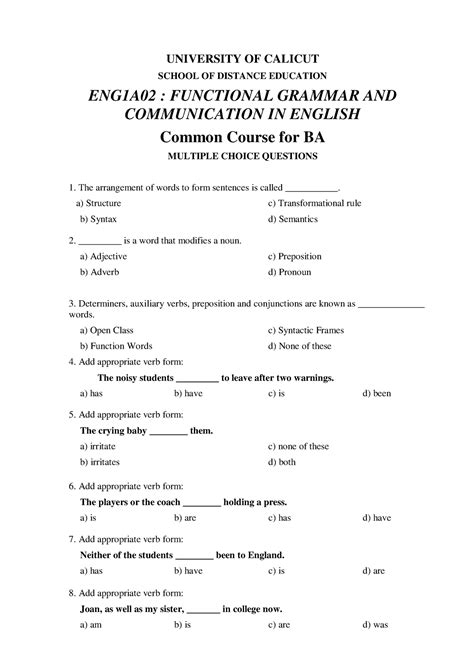 Mcq I Sem Eng1a02 Functional Grammar And Communication In English University Of Calicut School