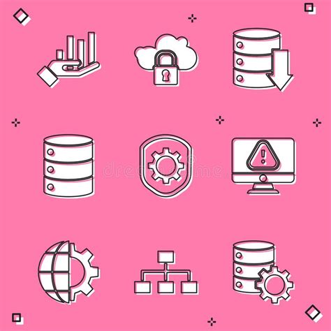 Set Pie Chart Infographic Cloud Computing Lock Server Data Web Hosting Shield With Settings