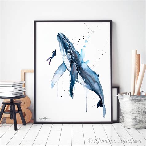 Freediver With Humpback Whale Watercolor Painting Print By Slaveika