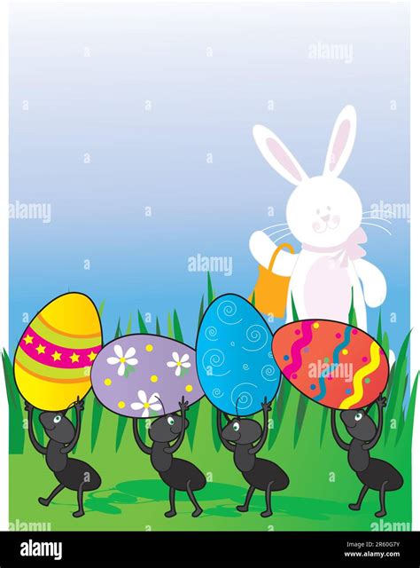 A Group Of Ants Carrying Easter Eggs While The Easter Bunny Looks On