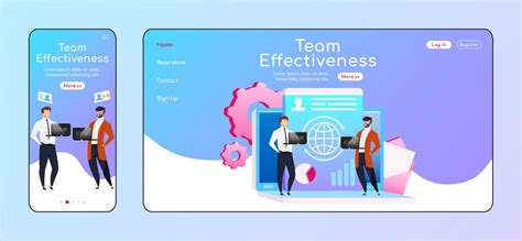 팀 효율성 적응 형 랜딩 페이지 플랫 컬러 템플릿 직원들은 노트북을 모바일 및 Pc 홈페이지 레이아웃으로 유지합니다 팀워크